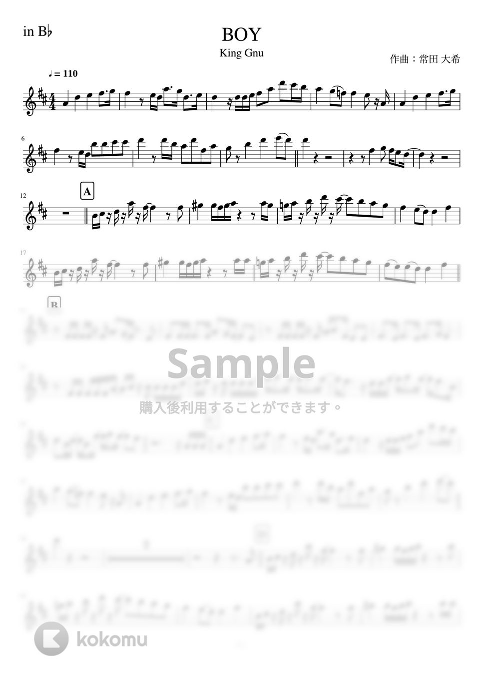 King Gnu - BOY (in B♭) 楽譜 by inojunCH