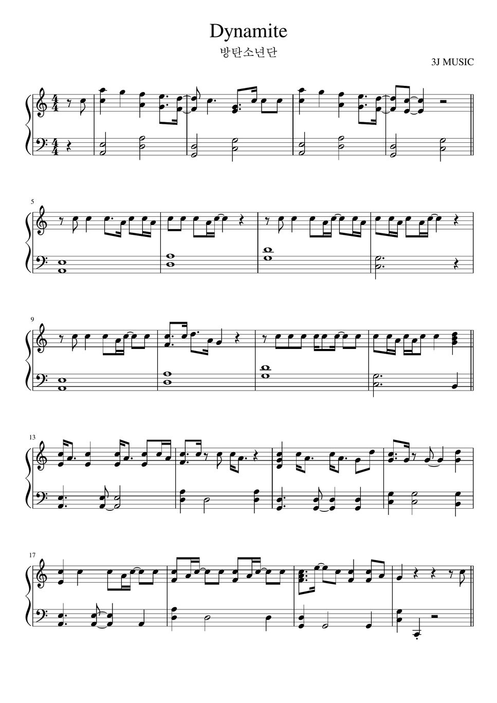 Bts Dynamite C Key Easy Ver Sheets By 3j Music