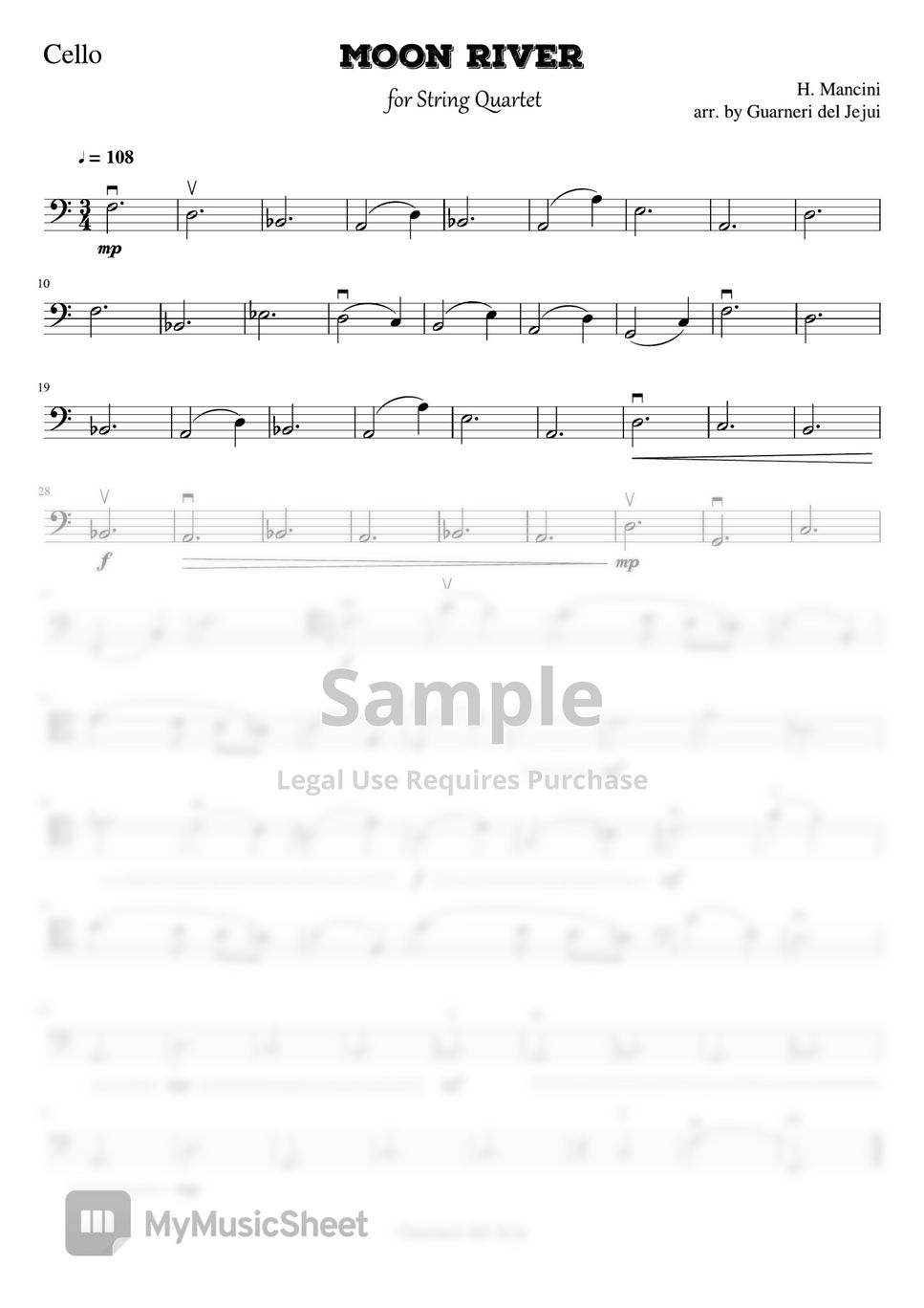 H. Mancini - Moon River (for String Quartet) Sheet Music by Guarneri del Jeju