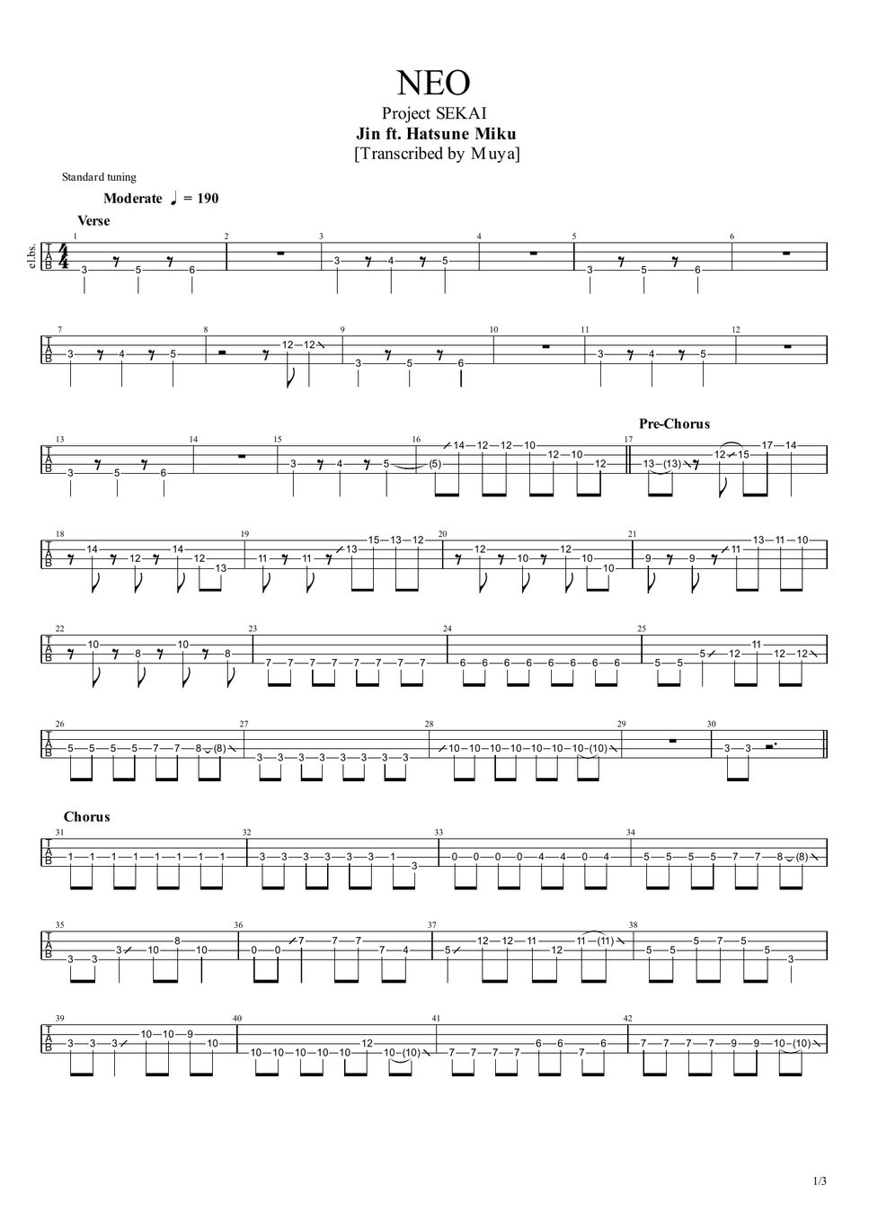 Jin - NEO (Bass TAB) 악보 by Muya