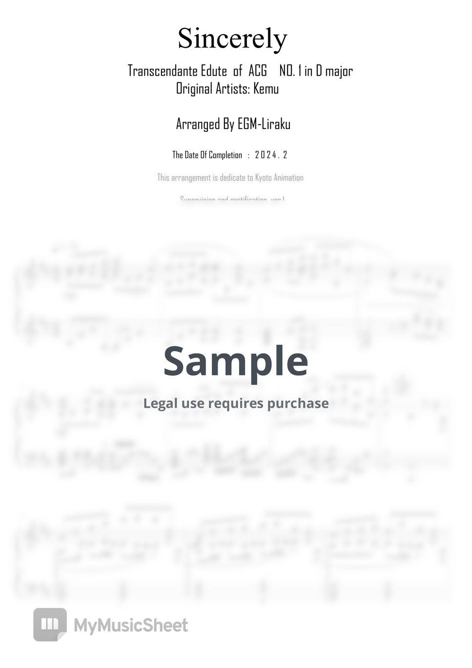 True - Sincerely (紫罗兰永恒花园 violet evergarden) 楽譜 by Liraku