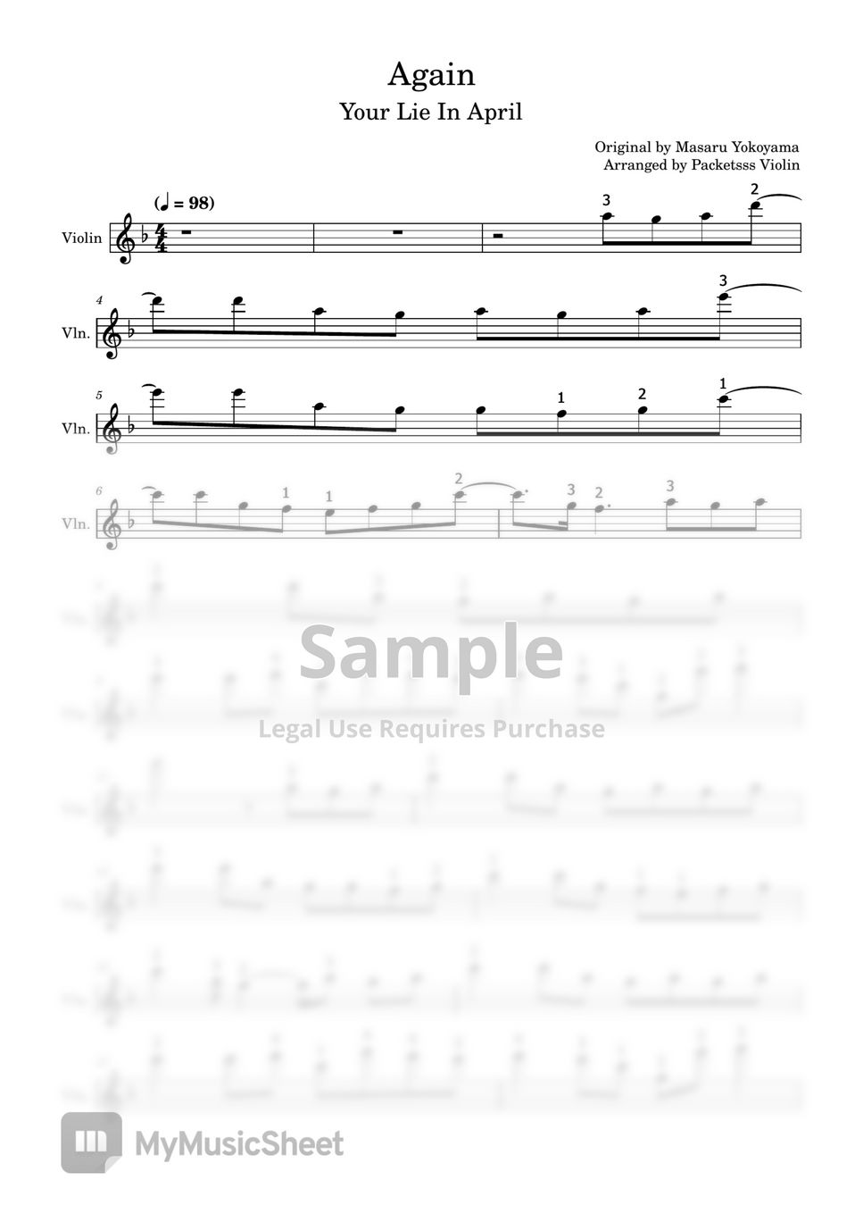Your Lie In April - Again Sheet Music by Packetsss Violin