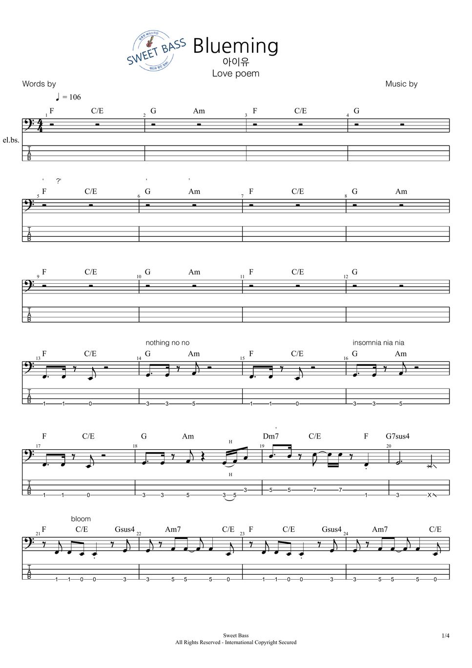 아이유 IU - Blueming [Origimal ver.] (Bass) Tab + 1staff by Sweet Bass