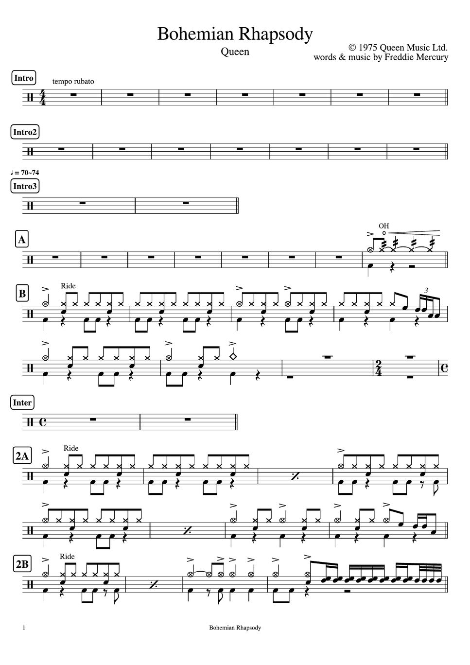 Queen - Bohemian Rhapsody 악보 by Cookai's J-pop Drum sheet music!!!