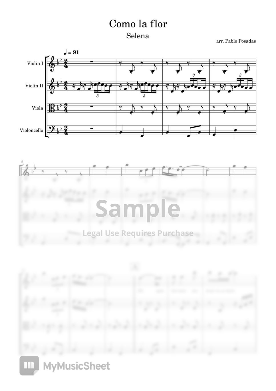 Selena - Como la flor (String quartet) Sheet Music by Thec P