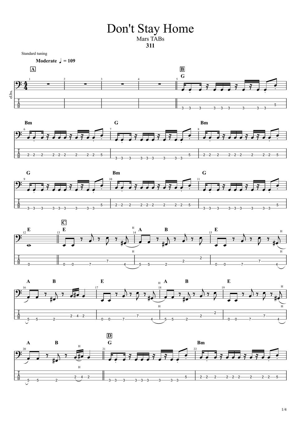 311 - Don't stay home (Bass TAB) Tab + 1staff by Mars TABs
