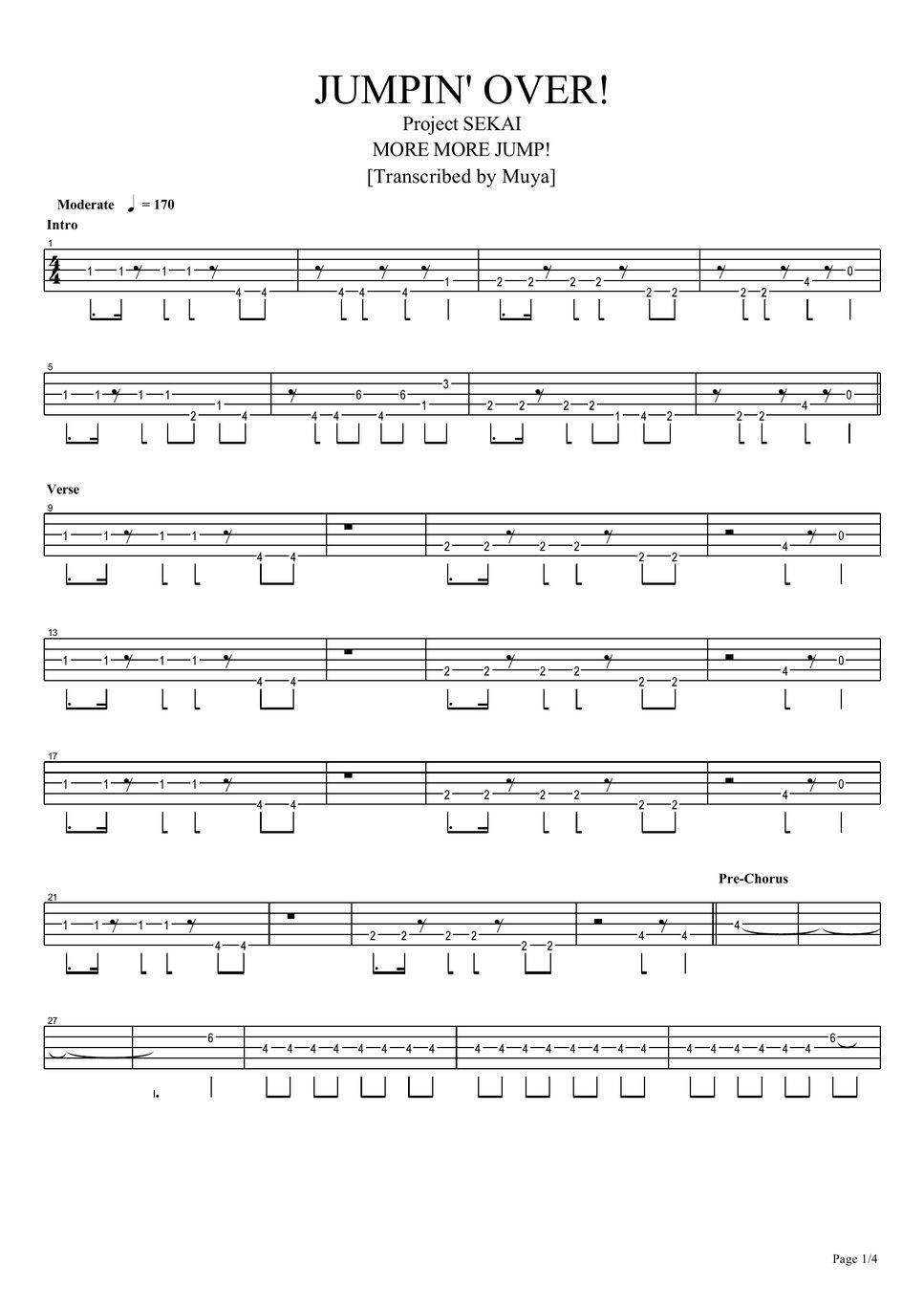 MORE MORE JUMP! - JUMPIN' OVER! (Bass TAB) 악보 by Muya