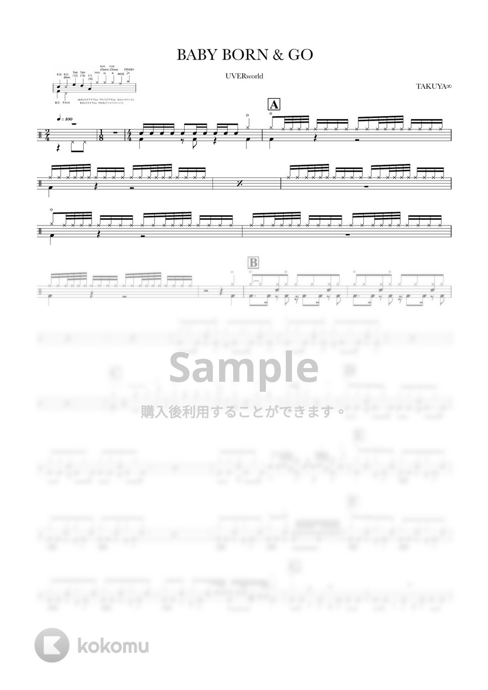 UVERworld - BABY BORN & GO 楽譜 by ONEDRUMS