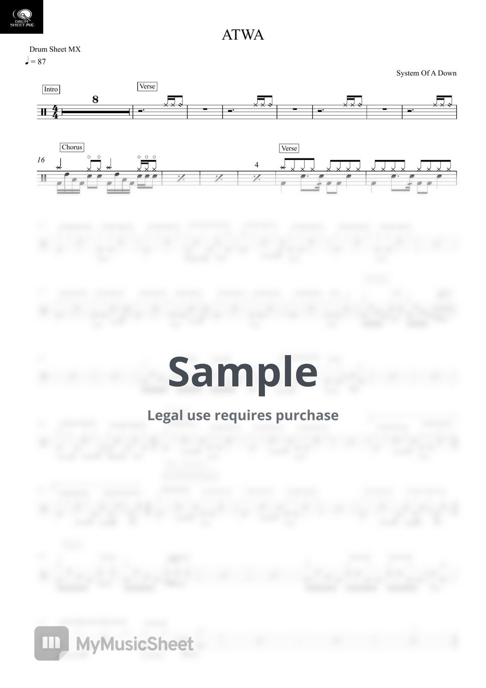 System Of A Down - ATWA Sheet Music by Drum Sheet MX