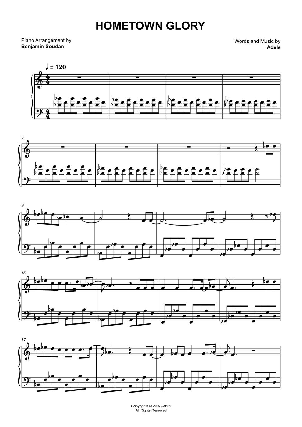 Adele - Hometown Glory Sheet Music by Benjamin Soudan