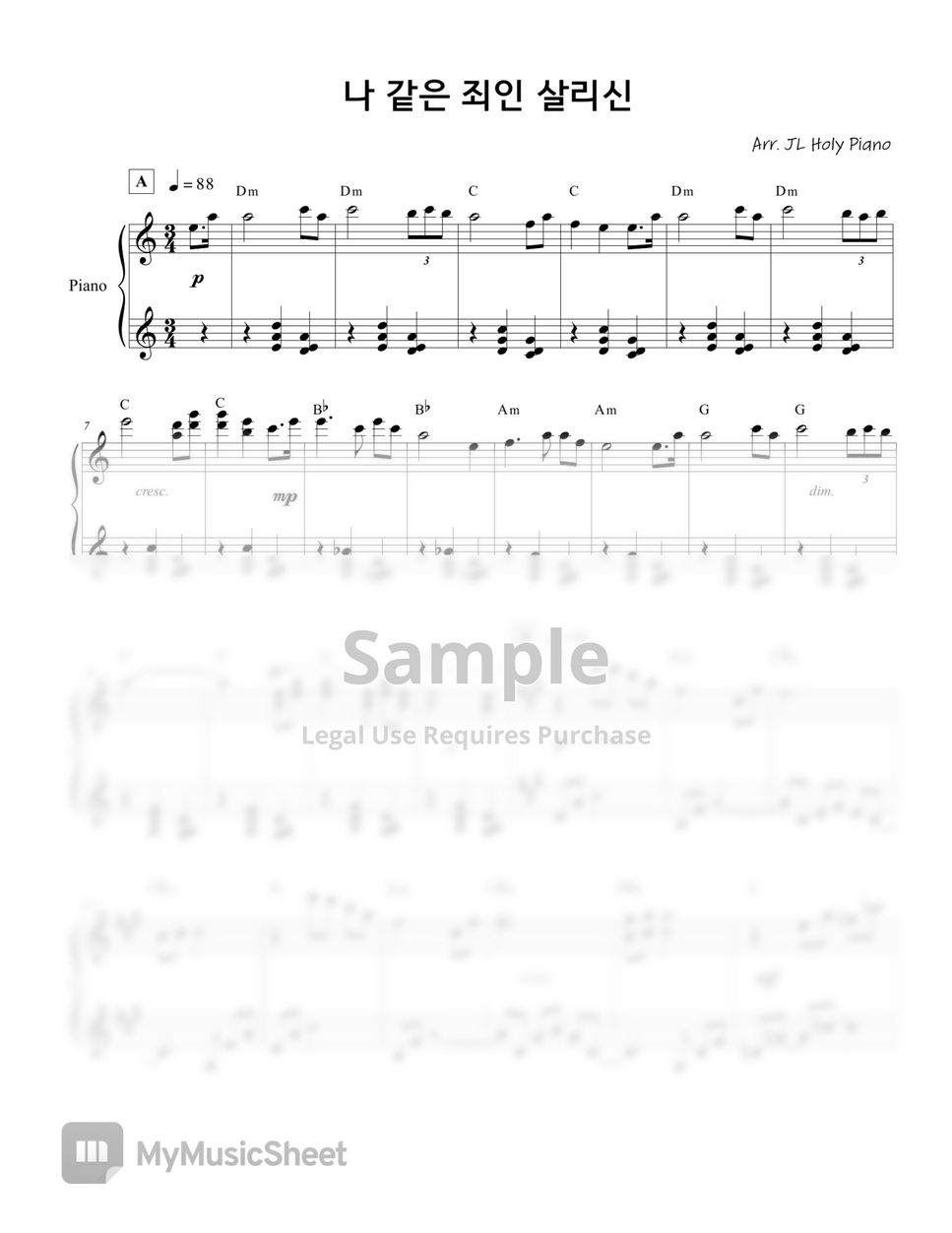 찬송가 나 같은 죄인 살리신 [405장 편곡] 악보 By Jl Holy Piano