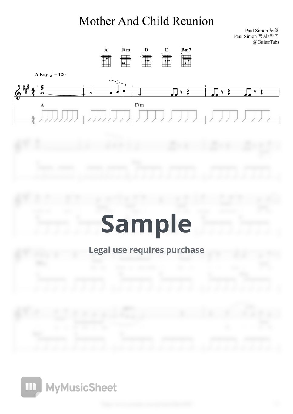 Paul Simon - Mother And Child Reunion (A Key / Easy TAB / Lyrics ...