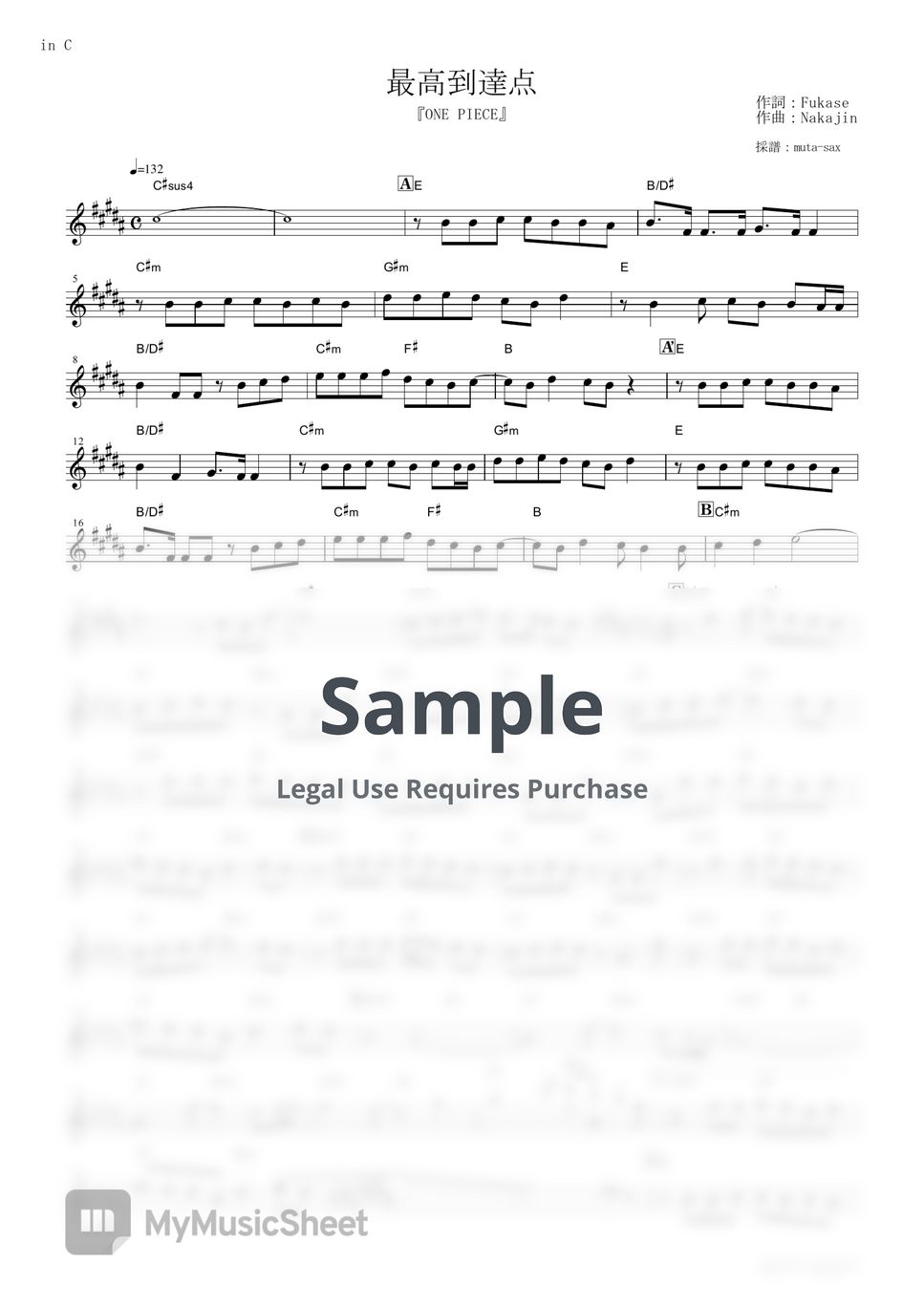 SEKAI NO OWARI - The Peak (One Piece / in C) Sheet Music by muta-sax