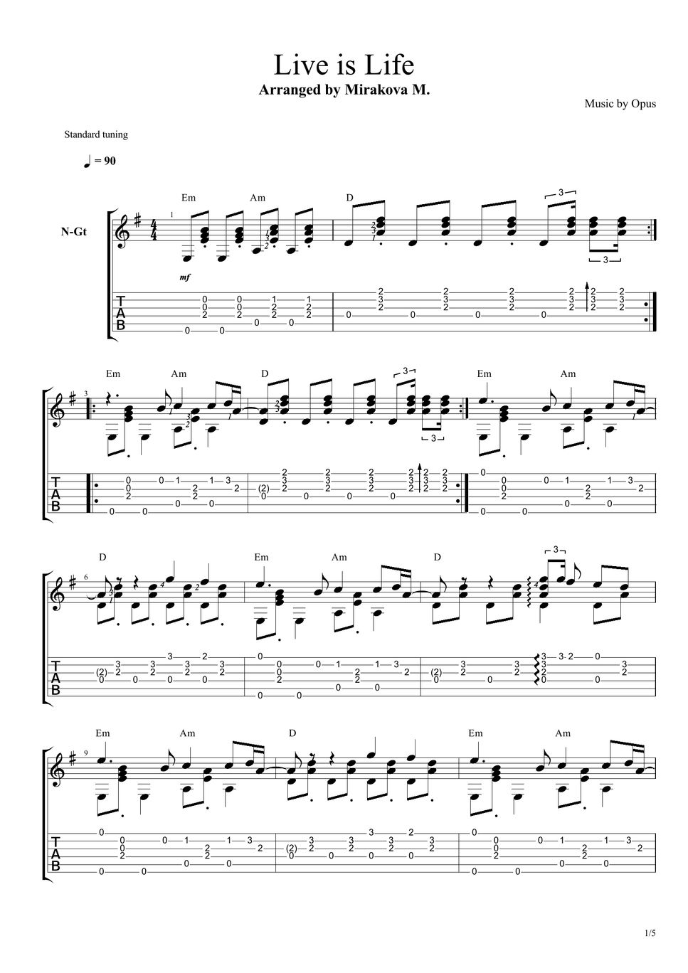 Opus - Live is Life Tab + 1staff by Marina Mirakova