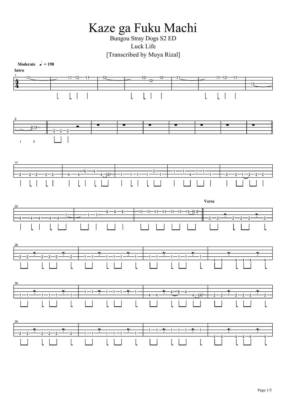 Luck Life - Kaze ga Fuku Machi (Bass TAB) Sheets by Muya