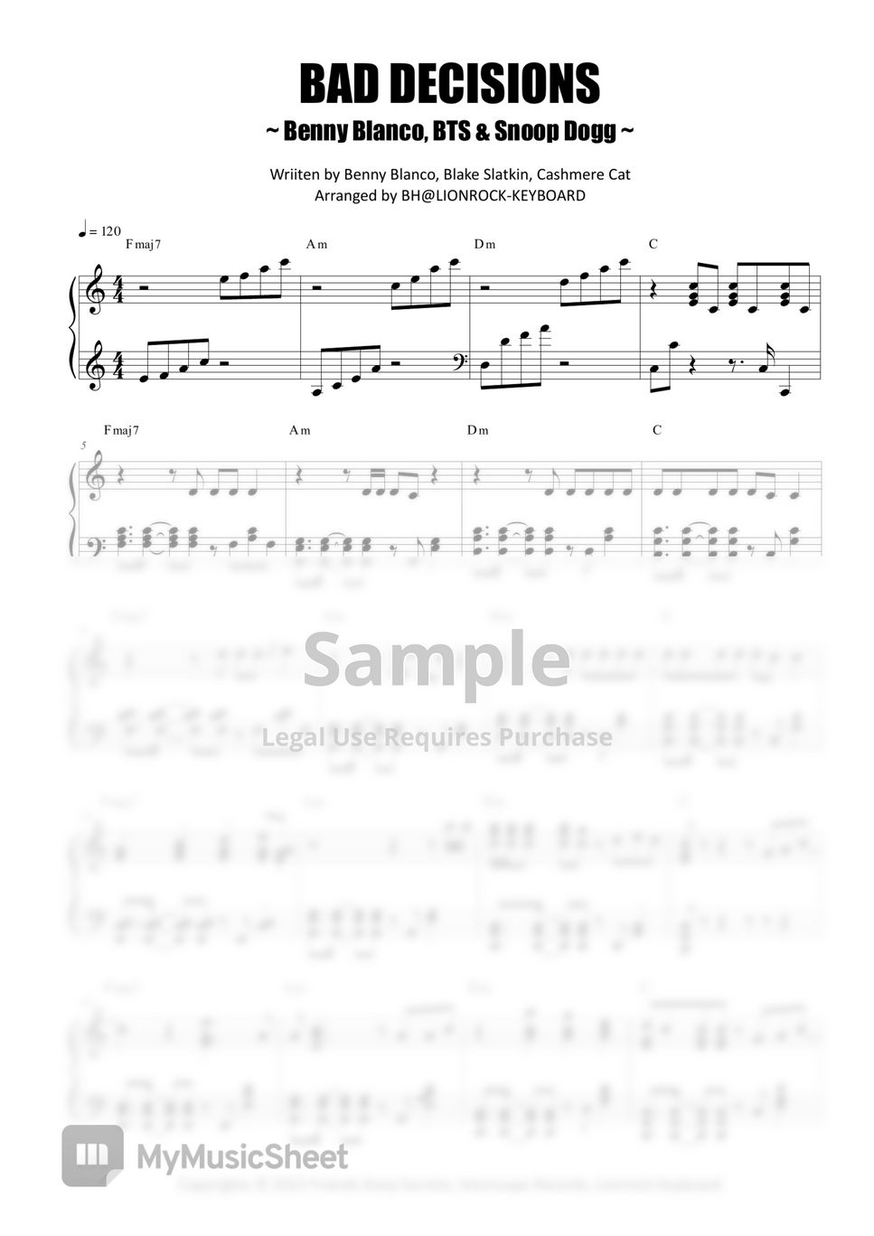 benny blanco, BTS & Snoop Dogg - Bad Decisions Sheet Music by Bernard Hui