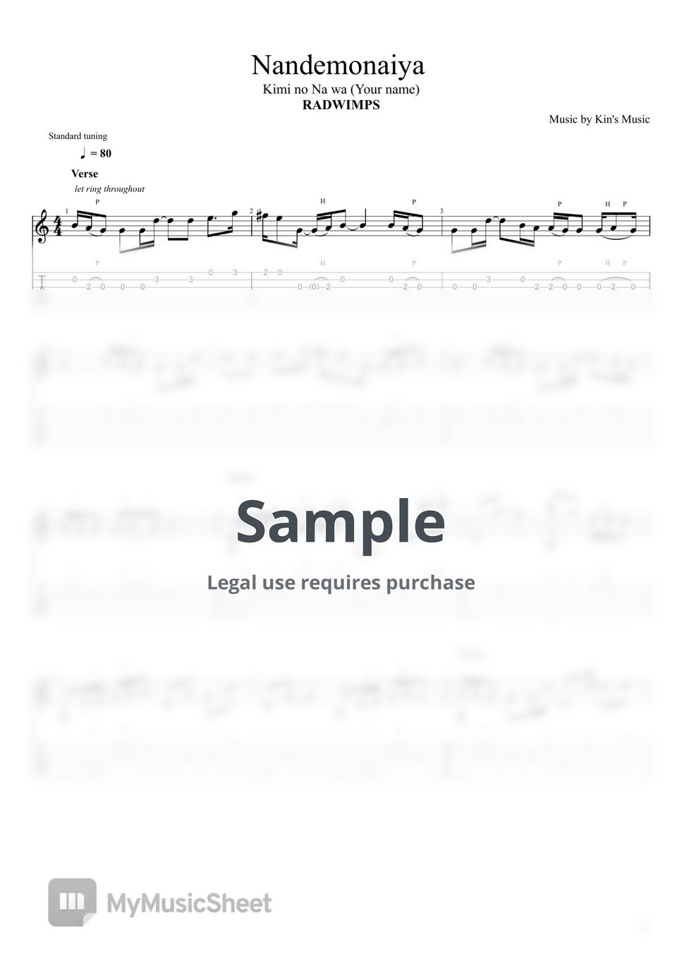 RADWIMPS - Nandemonaiya Kimi no Na wa (Your name)[Easy Guitar Fingerstyle For Beginner] Sheet ...