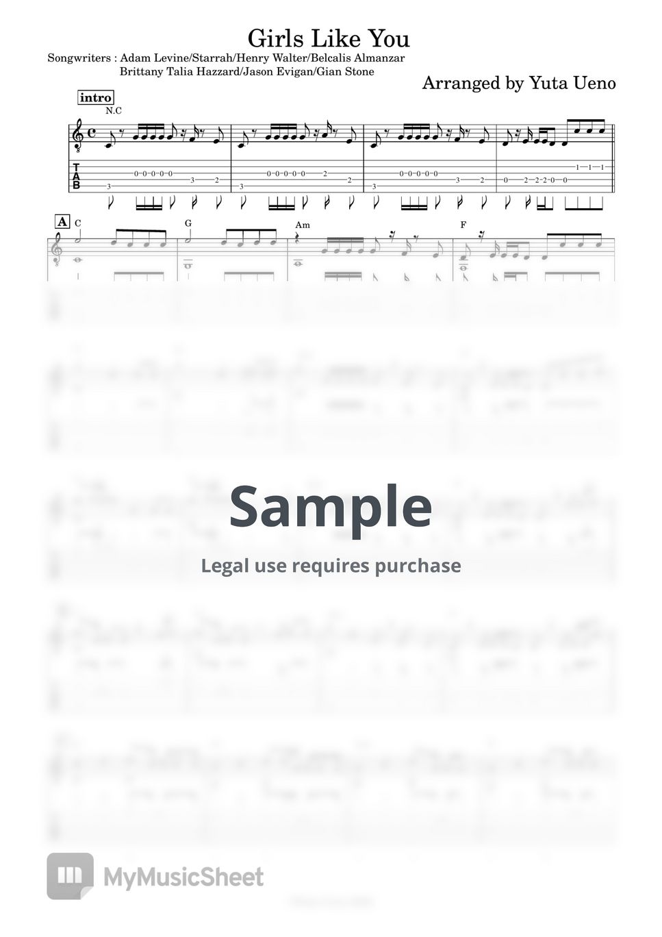 Maroon5 - Girls Like You (Fingerstyle) Tab + 단선 악보 by Yuta Ueno