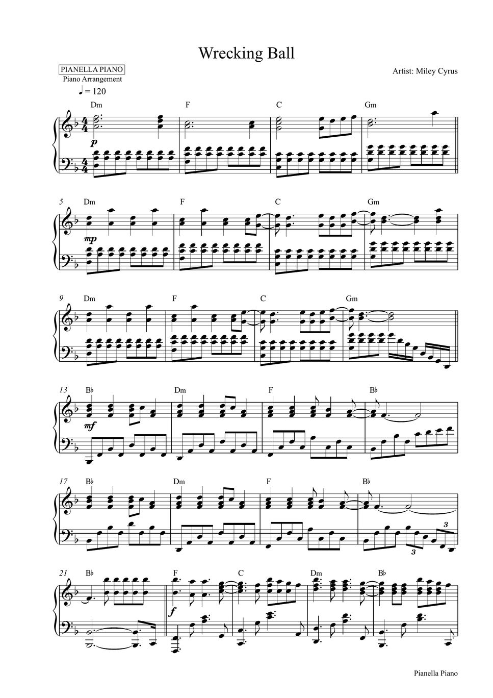 Miley Cyrus - Wrecking Ball (Piano Sheet) Sheet by Pianella Piano