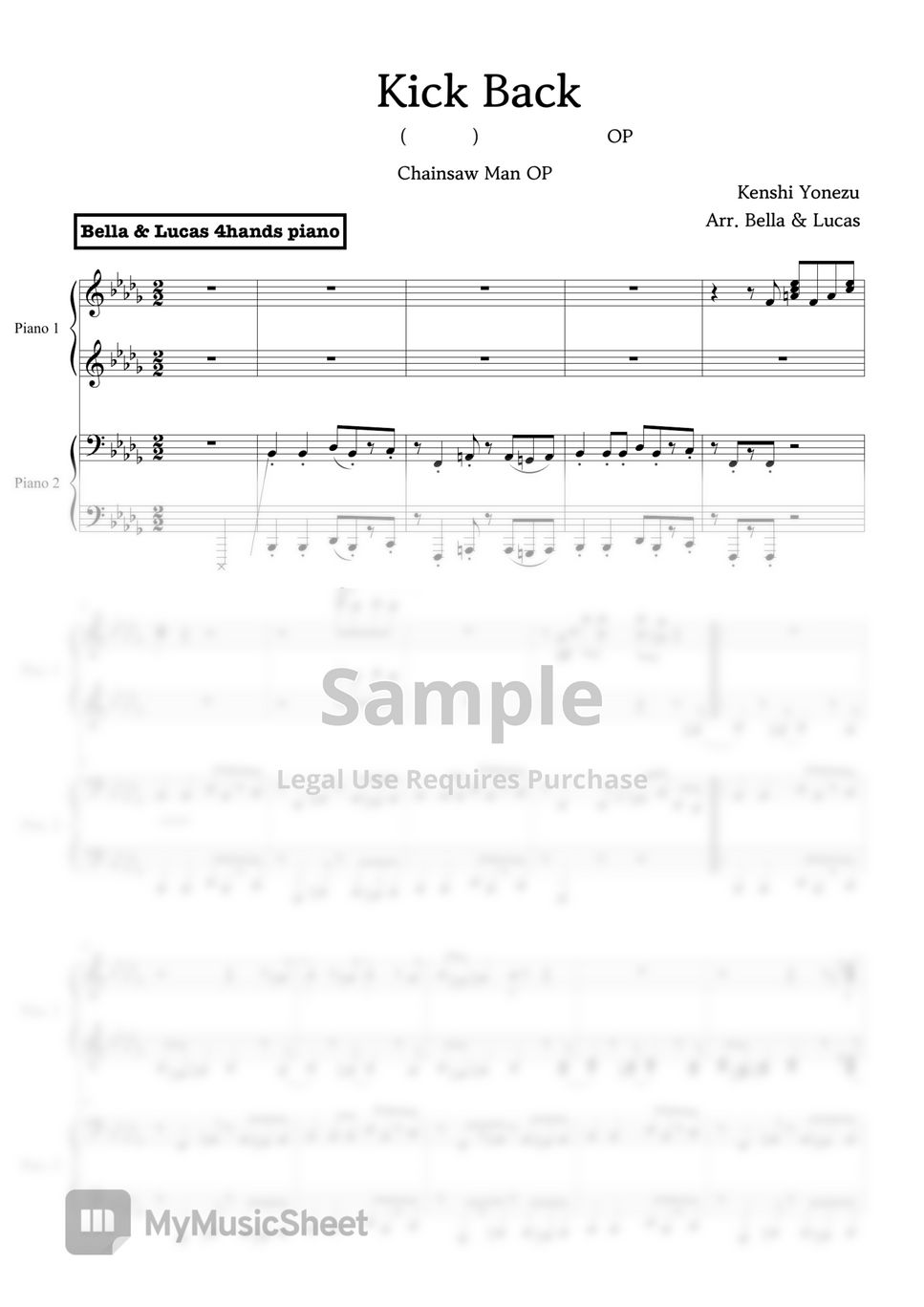 Kenshi Yonez - Kick Back(Chainsaw Man OST) 악보 by BELLA&LUCAS