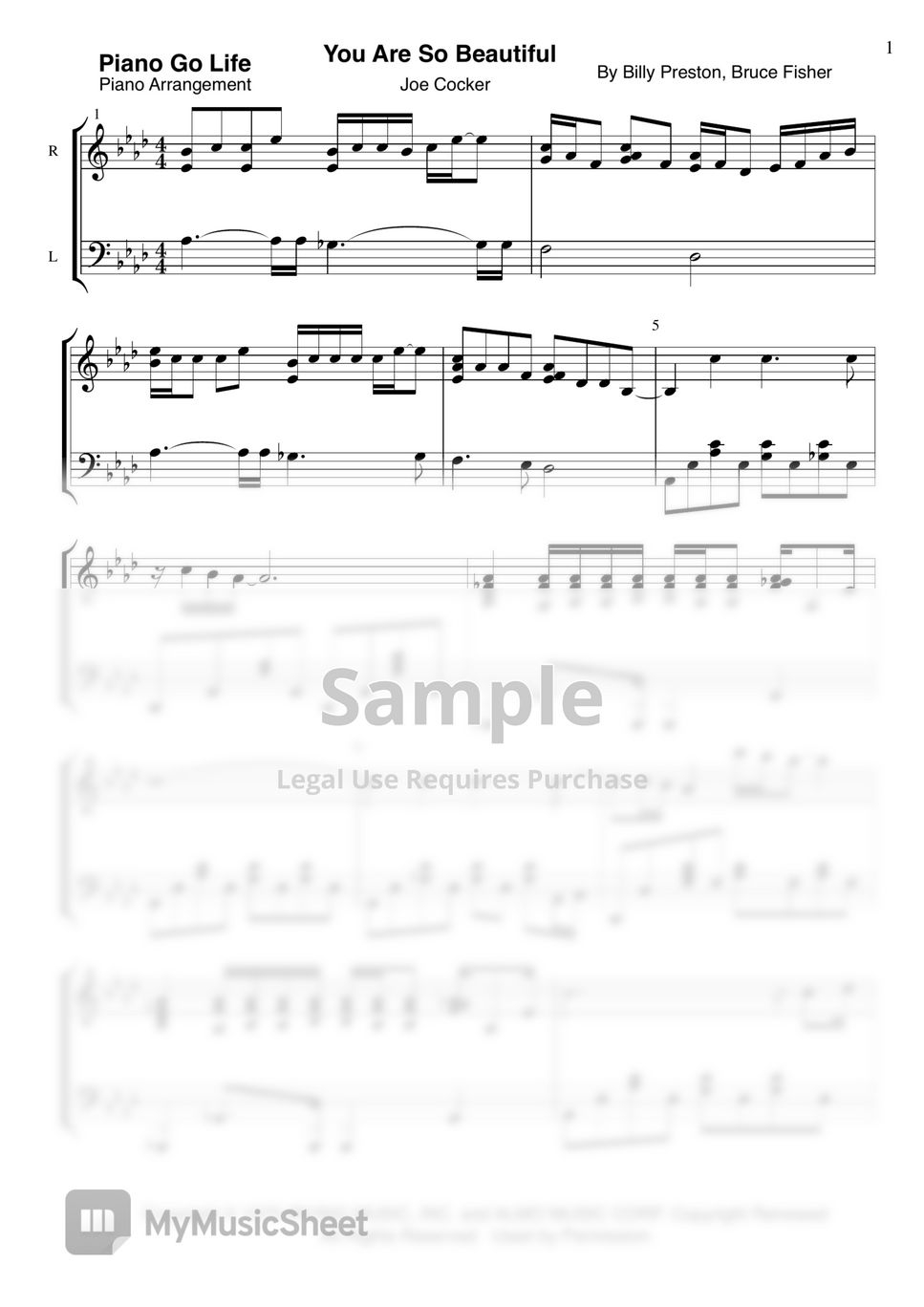 Joe Cocker - You Are So Beautiful Sheets by Piano Go Life