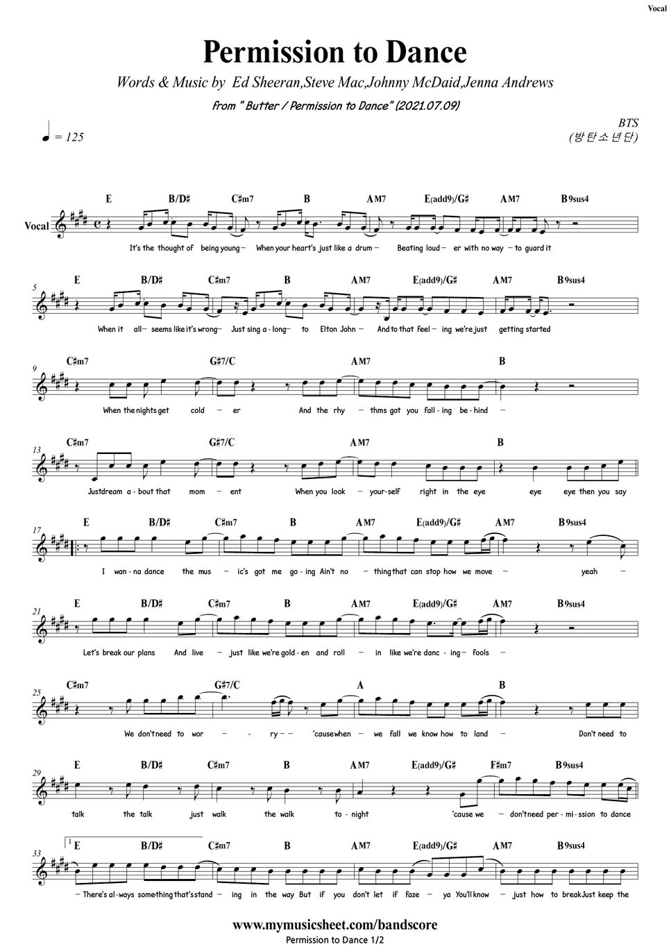 BTS - Permission to Dance | Band Score Hoja