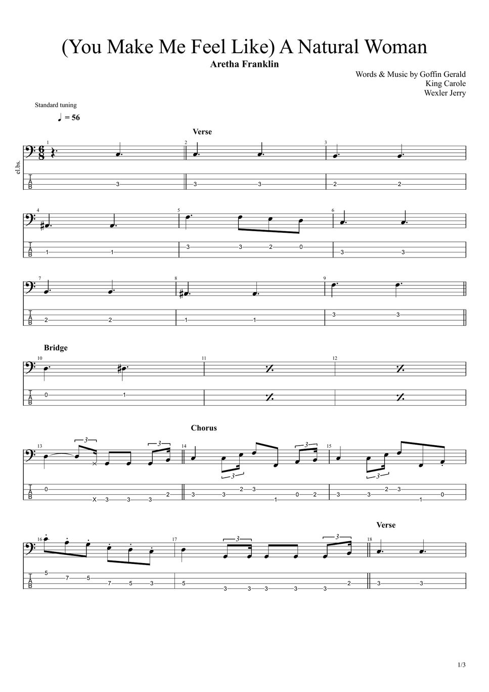 Aretha Franklin - (You Make Me Feel Like) A Natural Woman タブ + 五線譜 by まっきん