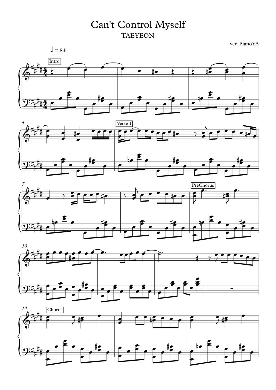 TAEYEON (SNSD) - Can't Control Myself Sheet by PianoYA