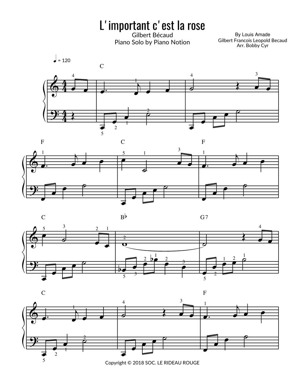 Gilbert Bécaud - L'important c'est la rose (piano facile) แผ่น by Piano ...