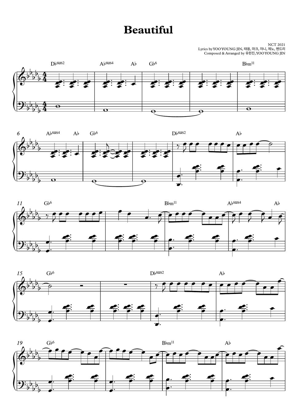 NCT 2021 - Beautiful (Easy Key Include) Partitura by SweetPiano