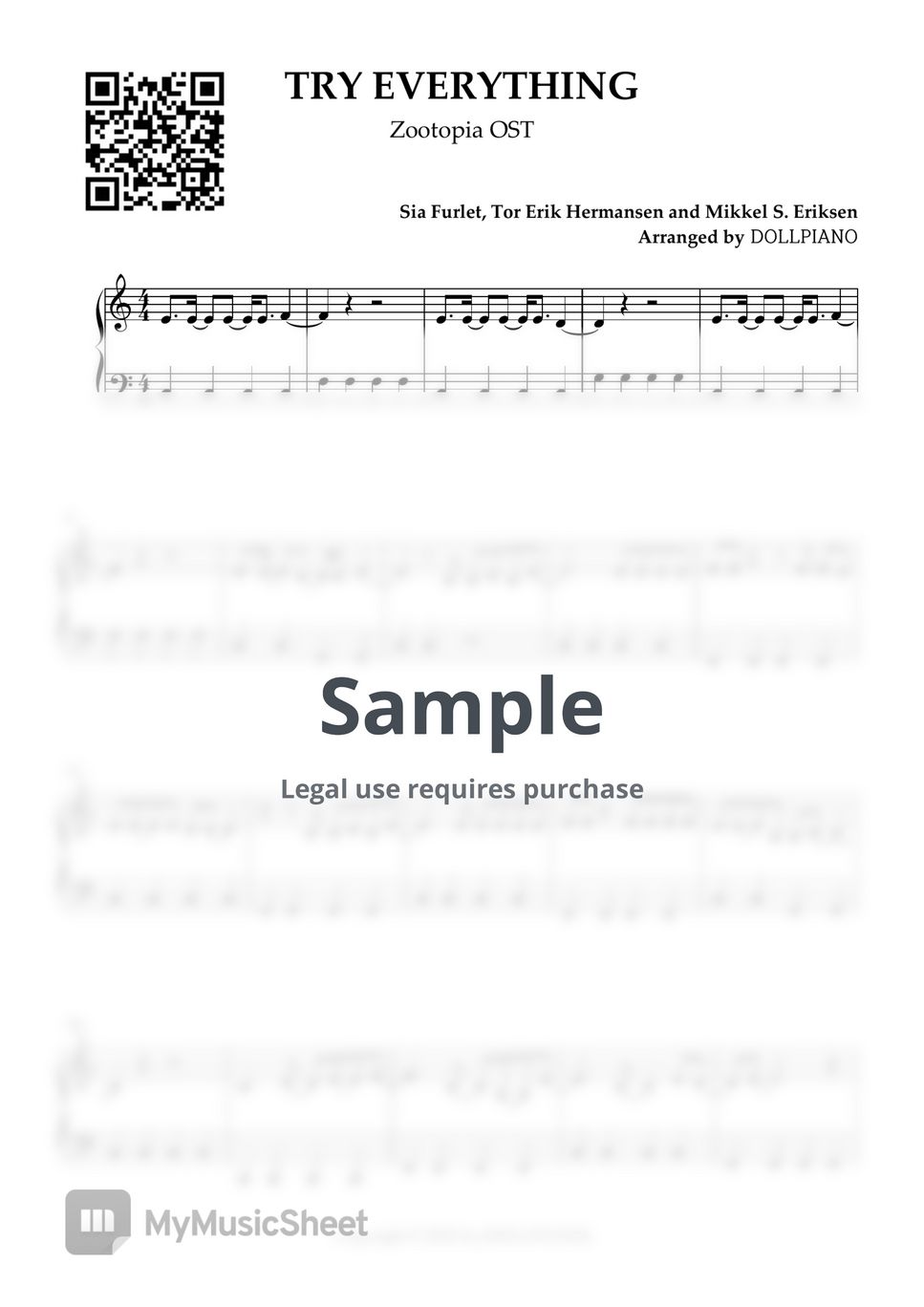 주토피아 OST - Try Everything (다장조 매우쉬움) Notenblatt by DOLLPIANO