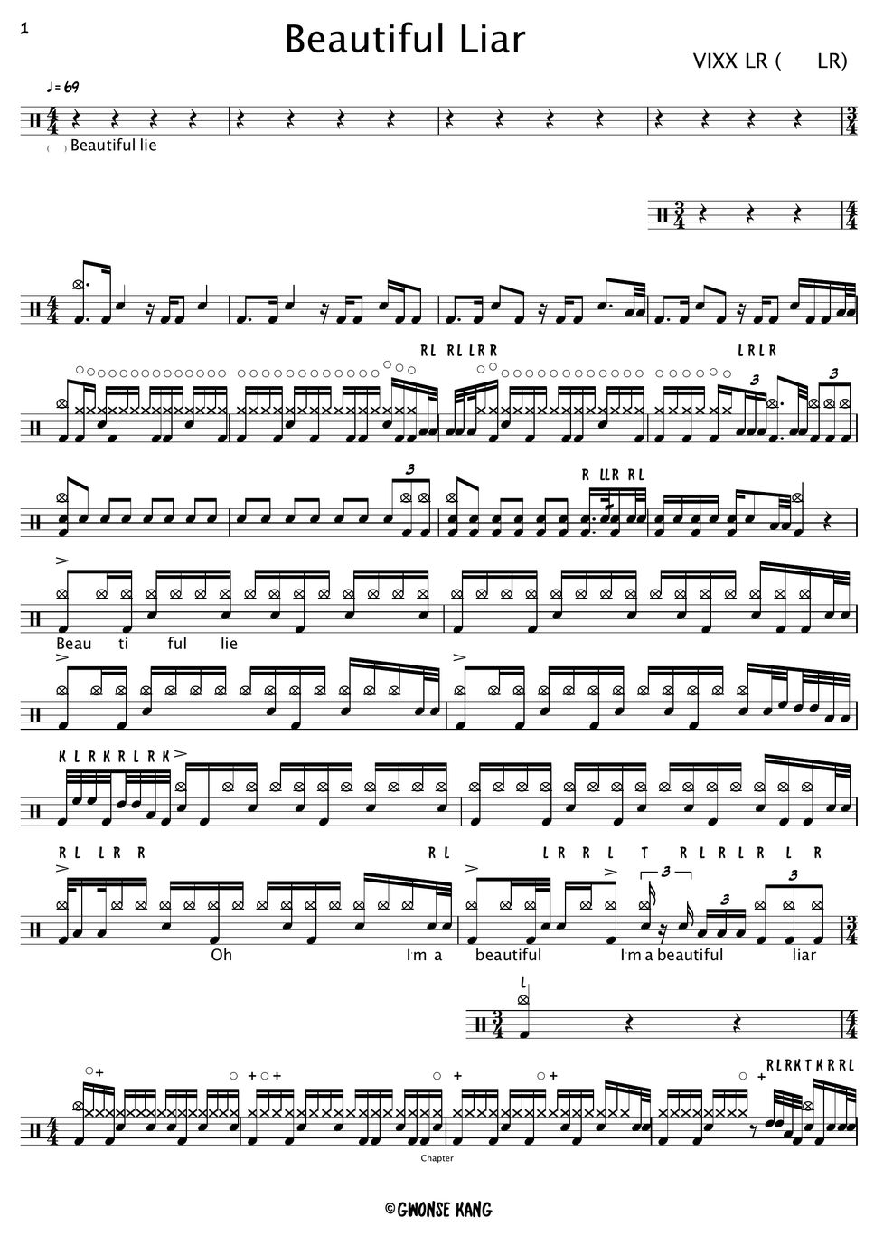 빅스LR - Beautiful Liar 楽譜 by Gwon's DrumLesson