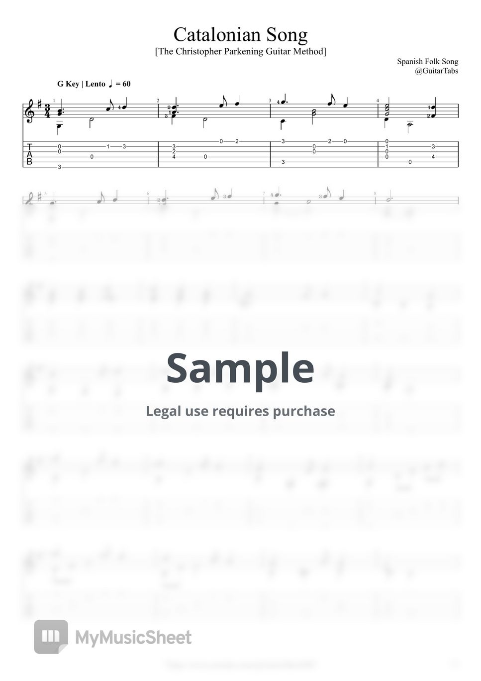 Spanish Folk Song - Catalonian Song (오선+타브+운지(Staff+TAB+Fingering ...
