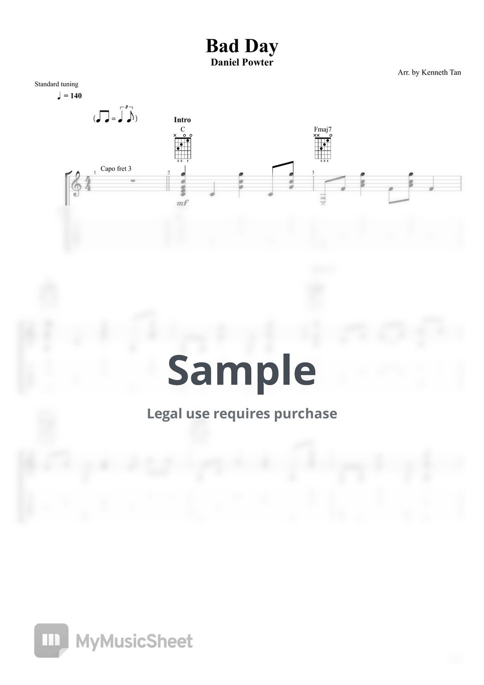 Daniel Powter | Fingerstyle Guitar - Bad Day 楽譜 by Kenneth Acoustic