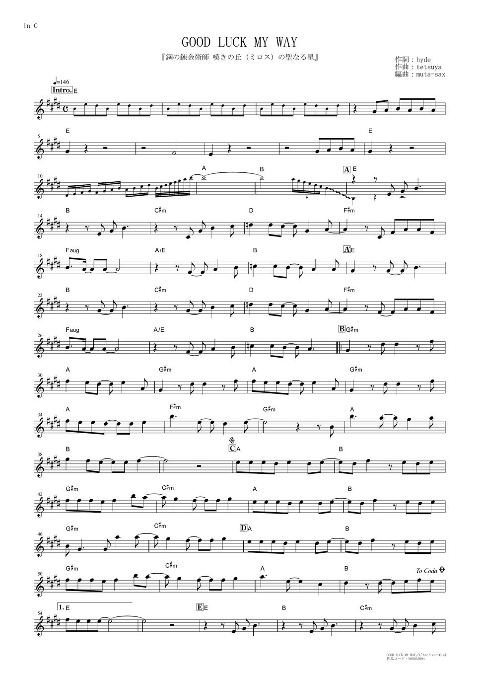 L'Arc~en~Ciel - GOOD LUCK MY WAY (Fullmetal Alchemist: The Sacred Star of Milos / in C) Sheet by ...