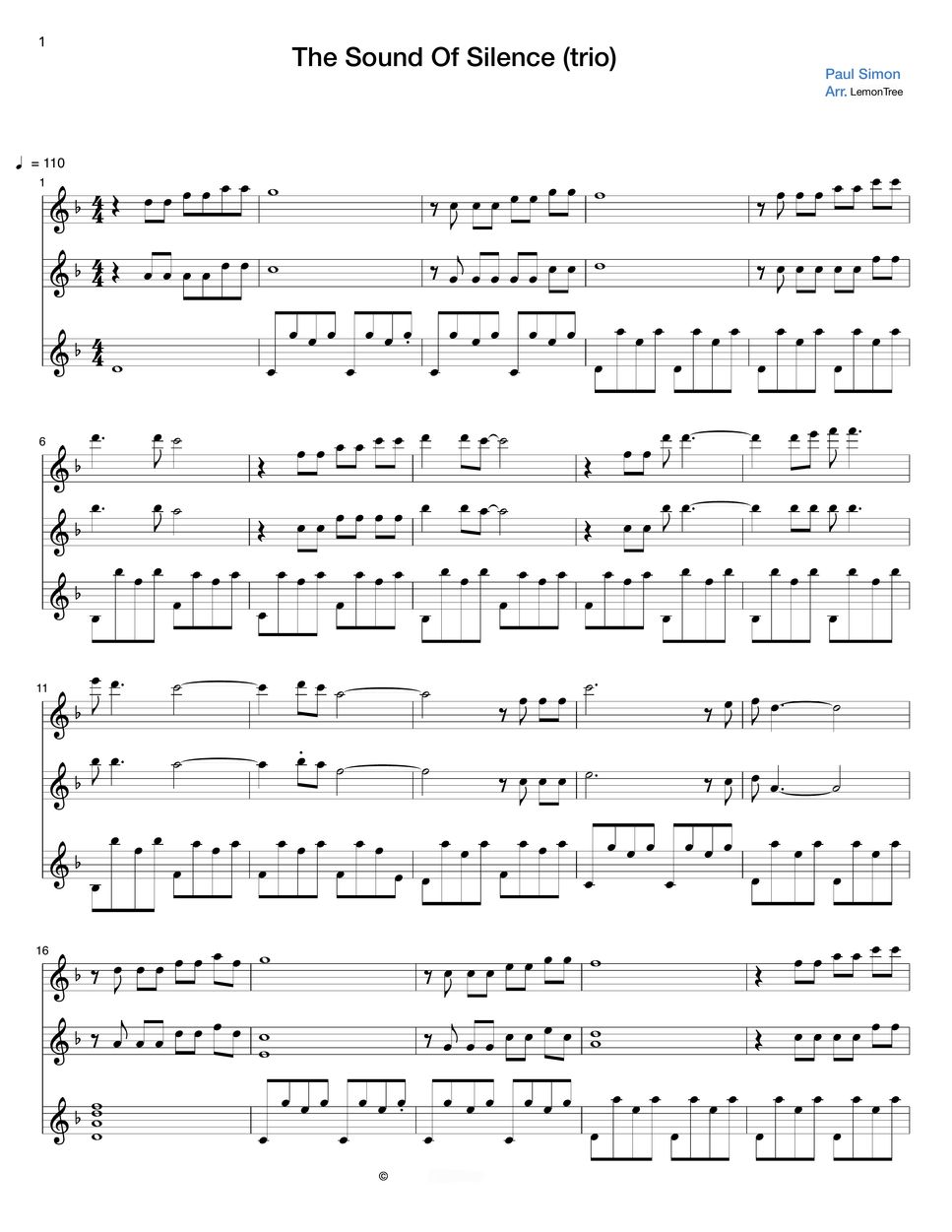 Simon & Garfunkel - The Sound Of Silence (Trio) 악보 by LemomTree