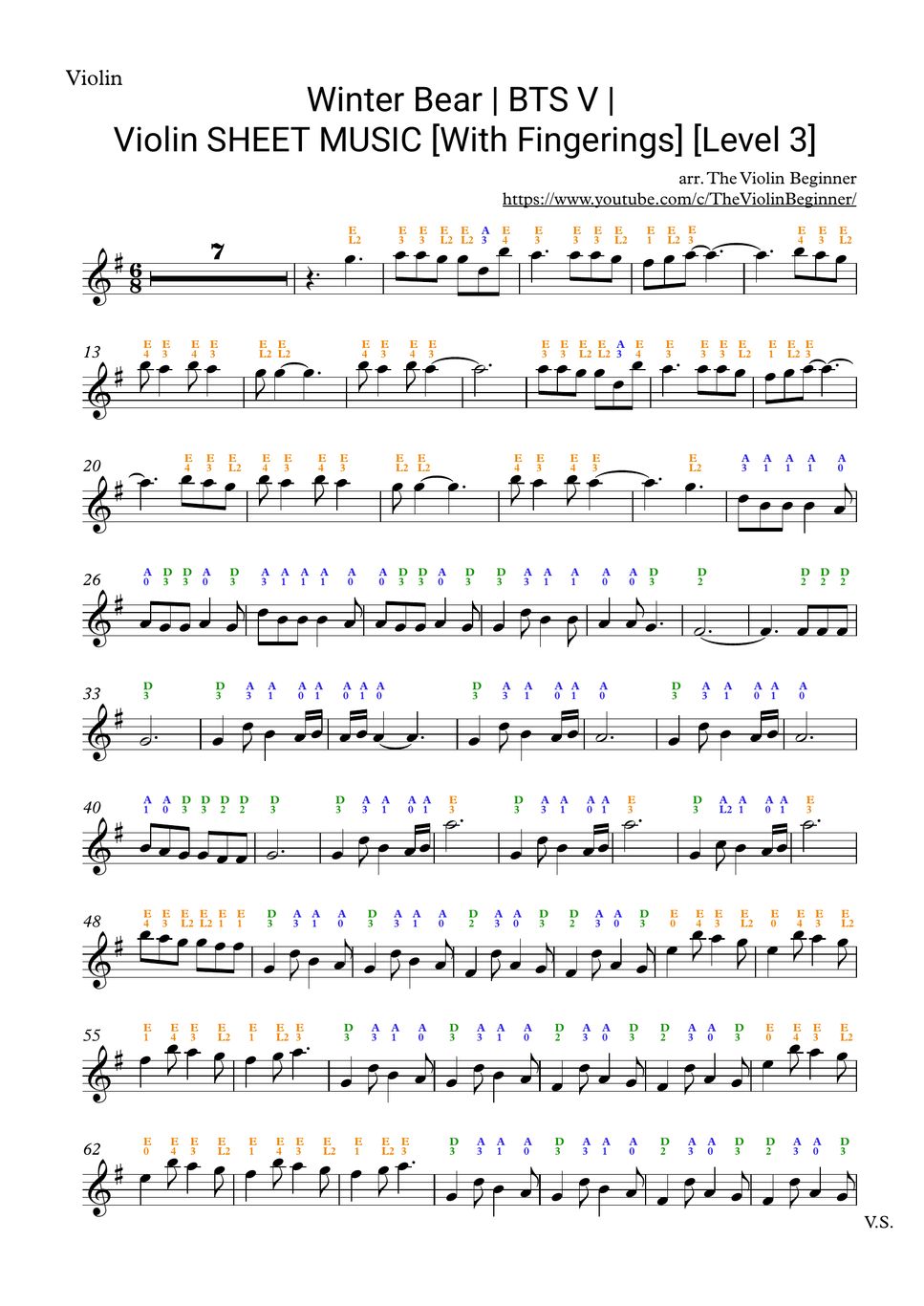 BTS V - Winter Bear Sheet by The Violin Beginner