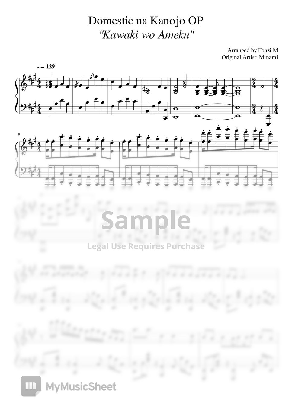 Minami - Domestic na Kanojo OP - "Kawaki wo Ameku" Sheet Music by Fonzi M