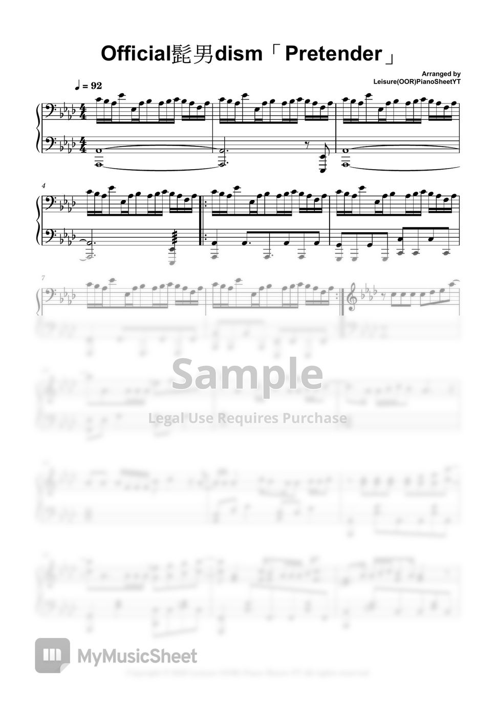 Official髭男dism - Pretender 악보 by Leisure (OOR) Piano Sheets YT