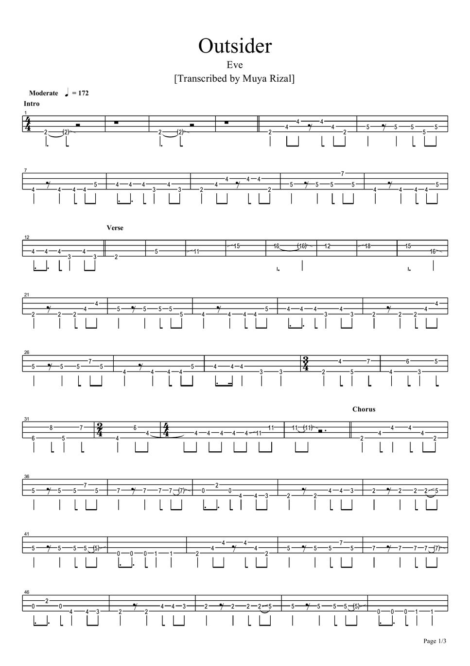Eve - Outsider (Bass TAB) 楽譜 by Muya