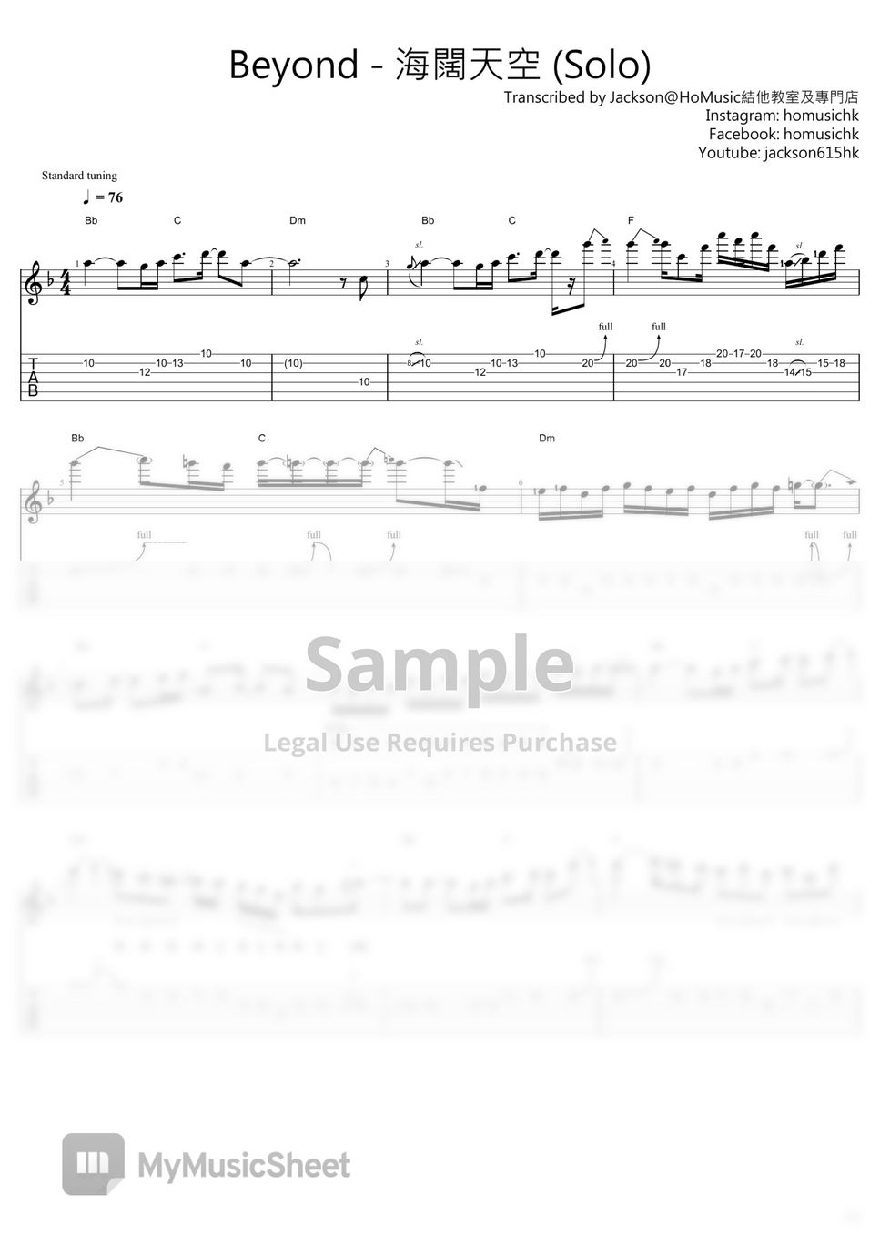 Beyond - 海闊天空 (Guitar Solo Tab) Sheets by Jackson Cheung