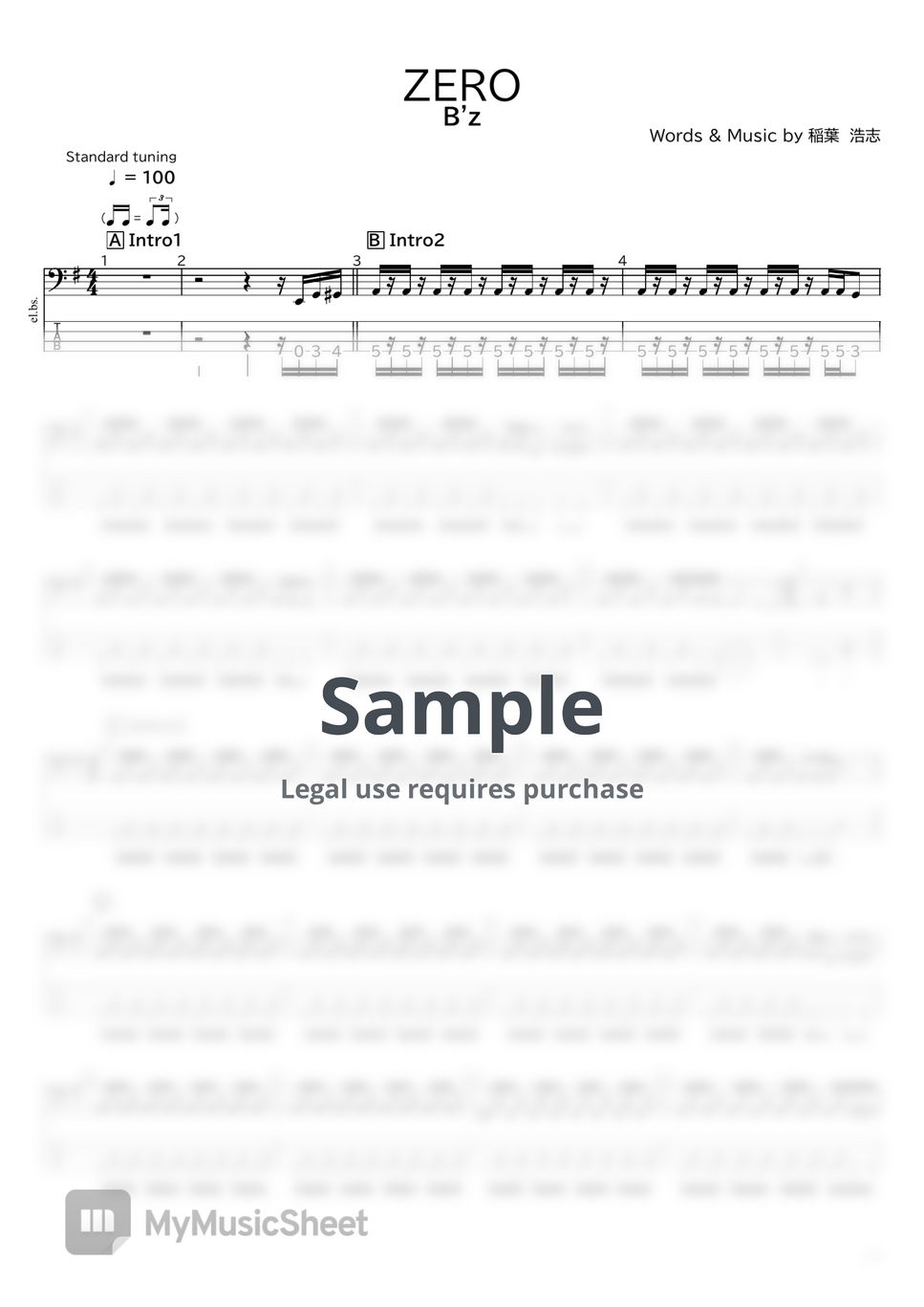 B'z - ZERO Sheet Music by たぶべー@財布に優しいベース楽譜屋さん(BASS・TAB譜)