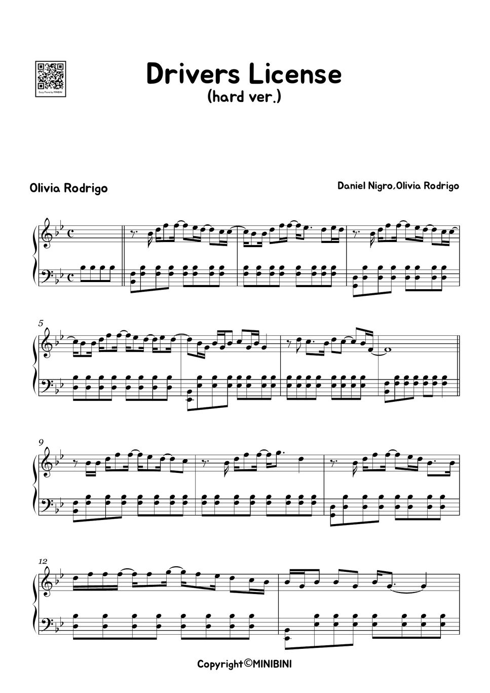 Olivia Rodrigo - Drivers License (Hard Version) Sheet by MINIBINI