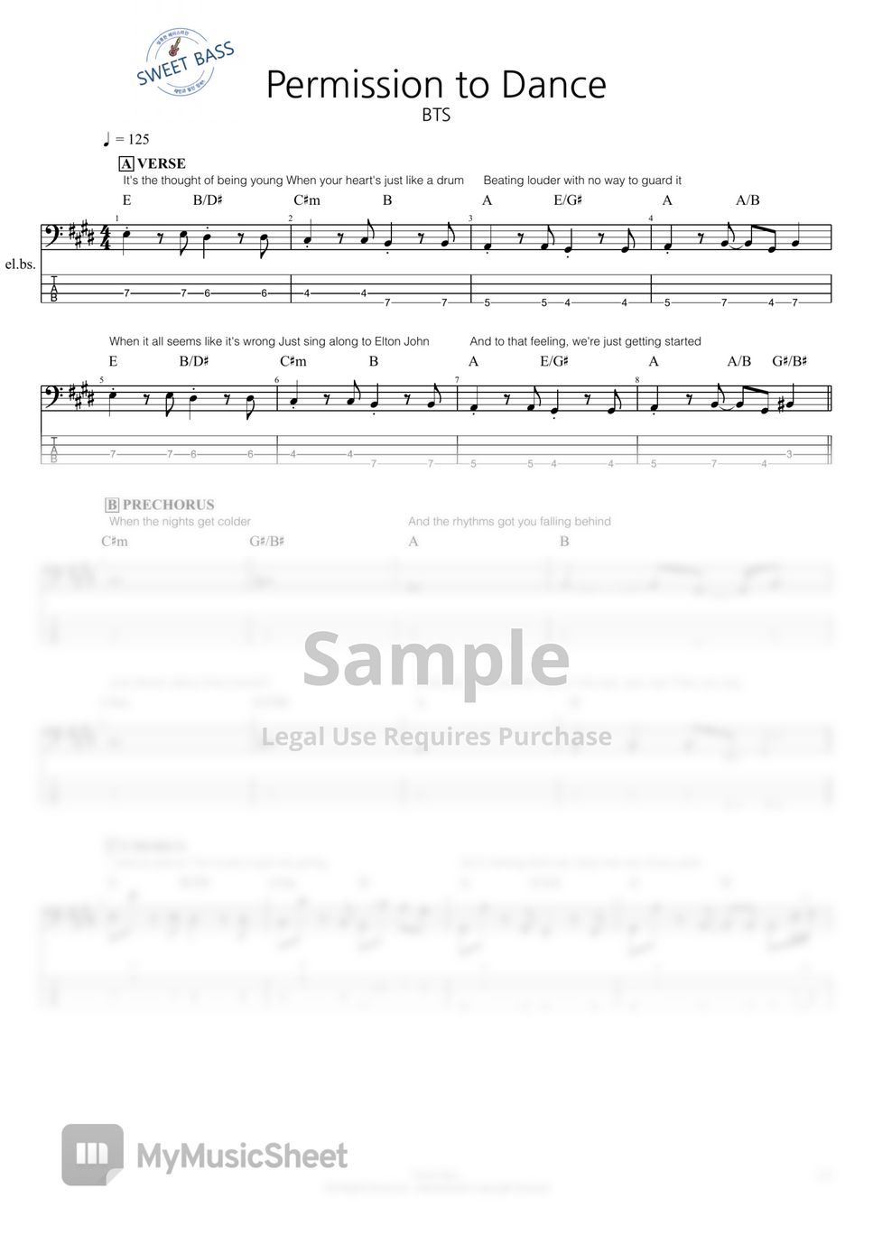 방탄소년단 BTS - Permission to Dance (Bass) 악보 by Sweet Bass
