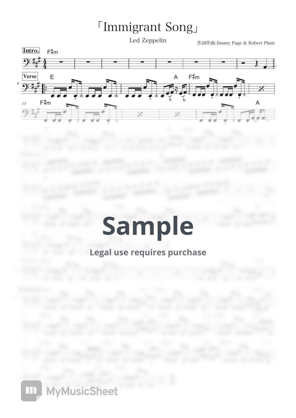 Led Zeppelin - Immigrant Song (ベース譜/五線譜のみ) 악보 by きどりん