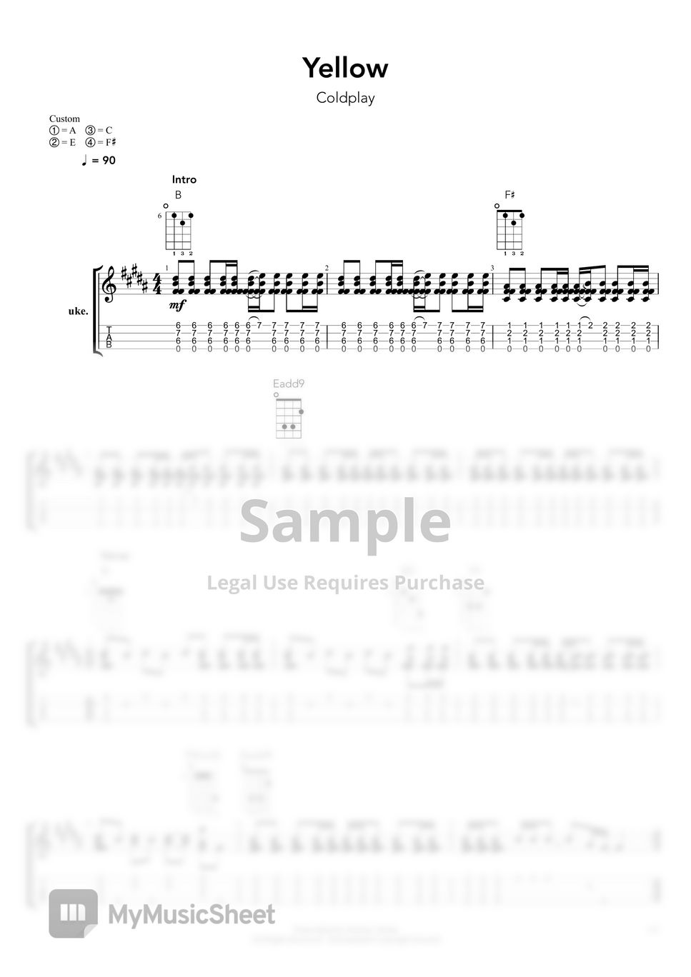 Coldplay - Yellow Tab + 단선 악보 by 4stringboy