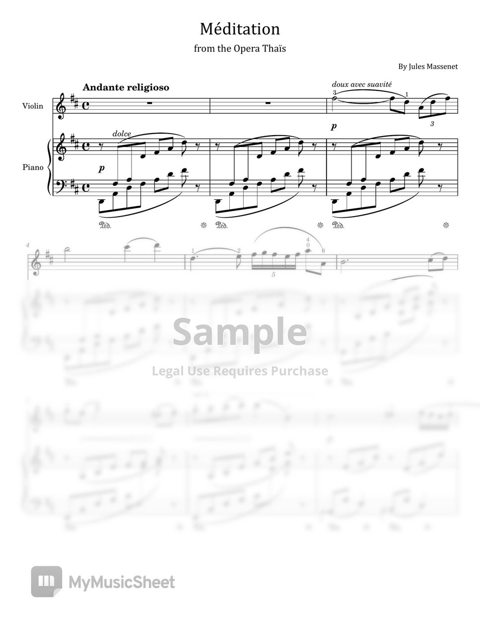 Jules Massenet Méditation From The Opera Thaïs For Piano And Violin With Fingered Sheets