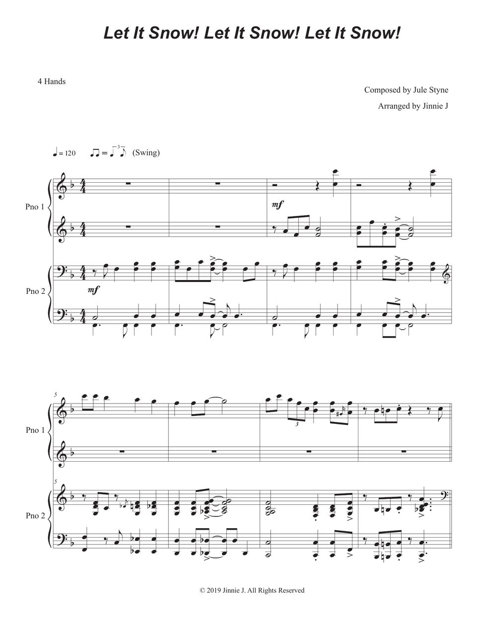 Christmas song - Let it Snow (1 piano 4 hands) Sheet by Jinnie J