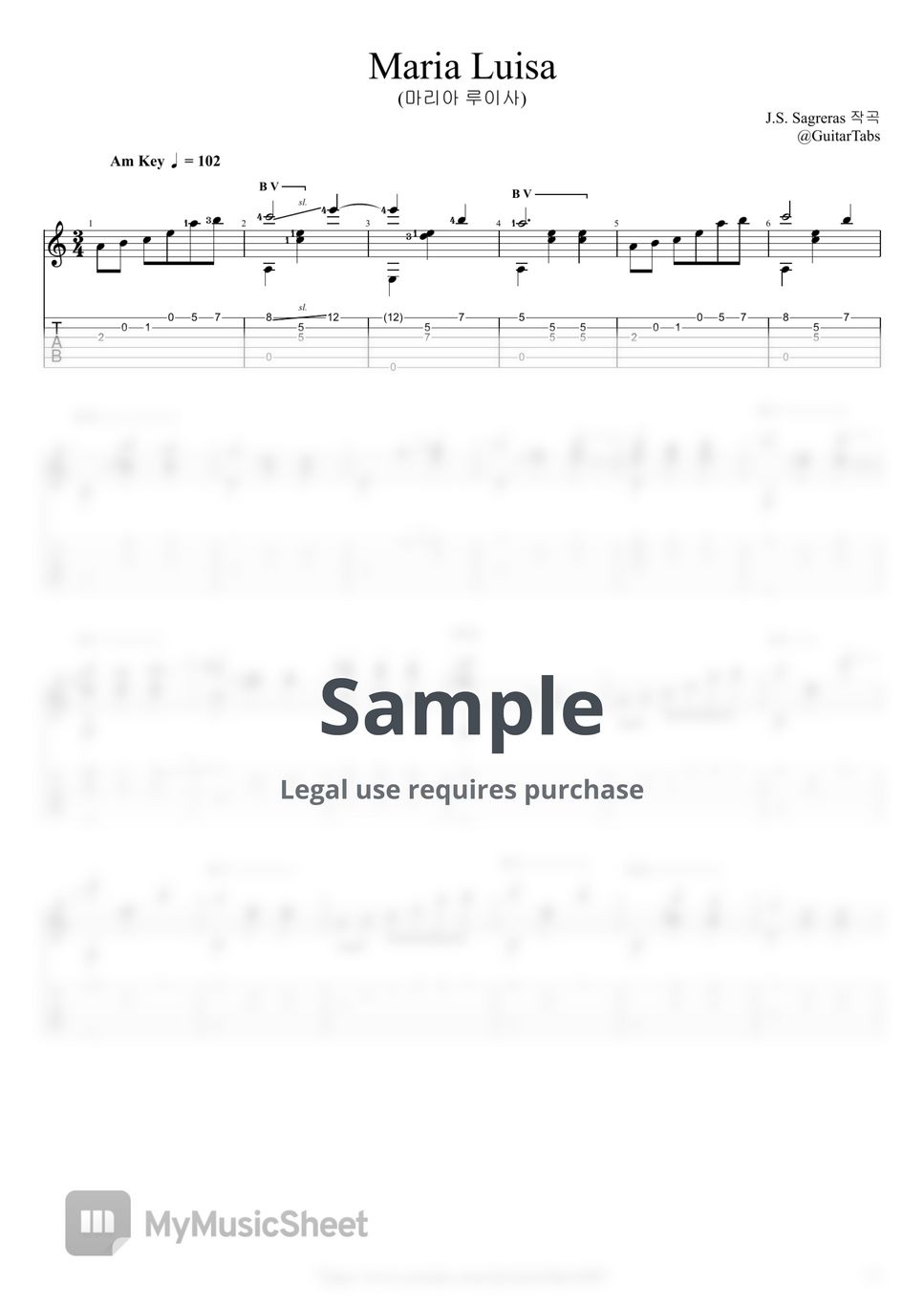 J.S. Sagreras - Maria Luisa (오선+타브+운지(Staff+TAB+Fingering)) 타브+단선 악보 by ...