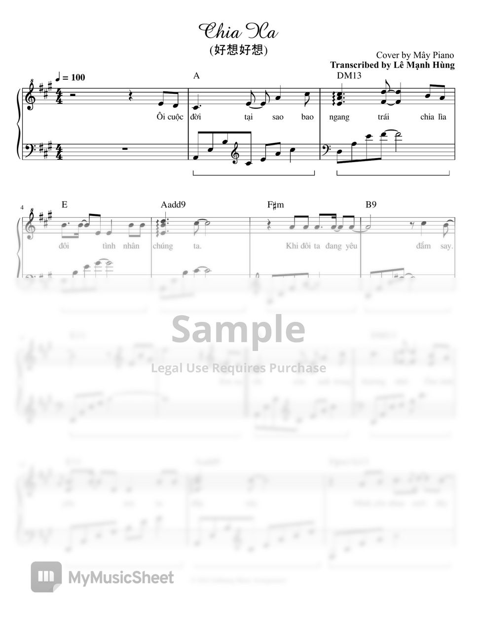 Cover by Mây Piano - Chia Xa (好想好想) (Transcribed) Sheet Music by Le Manh Hung